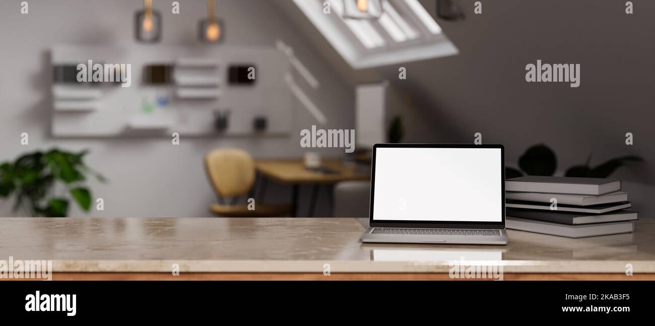 Modern Marble Tabletop With Laptop White Screen Mockup Stack Of Books