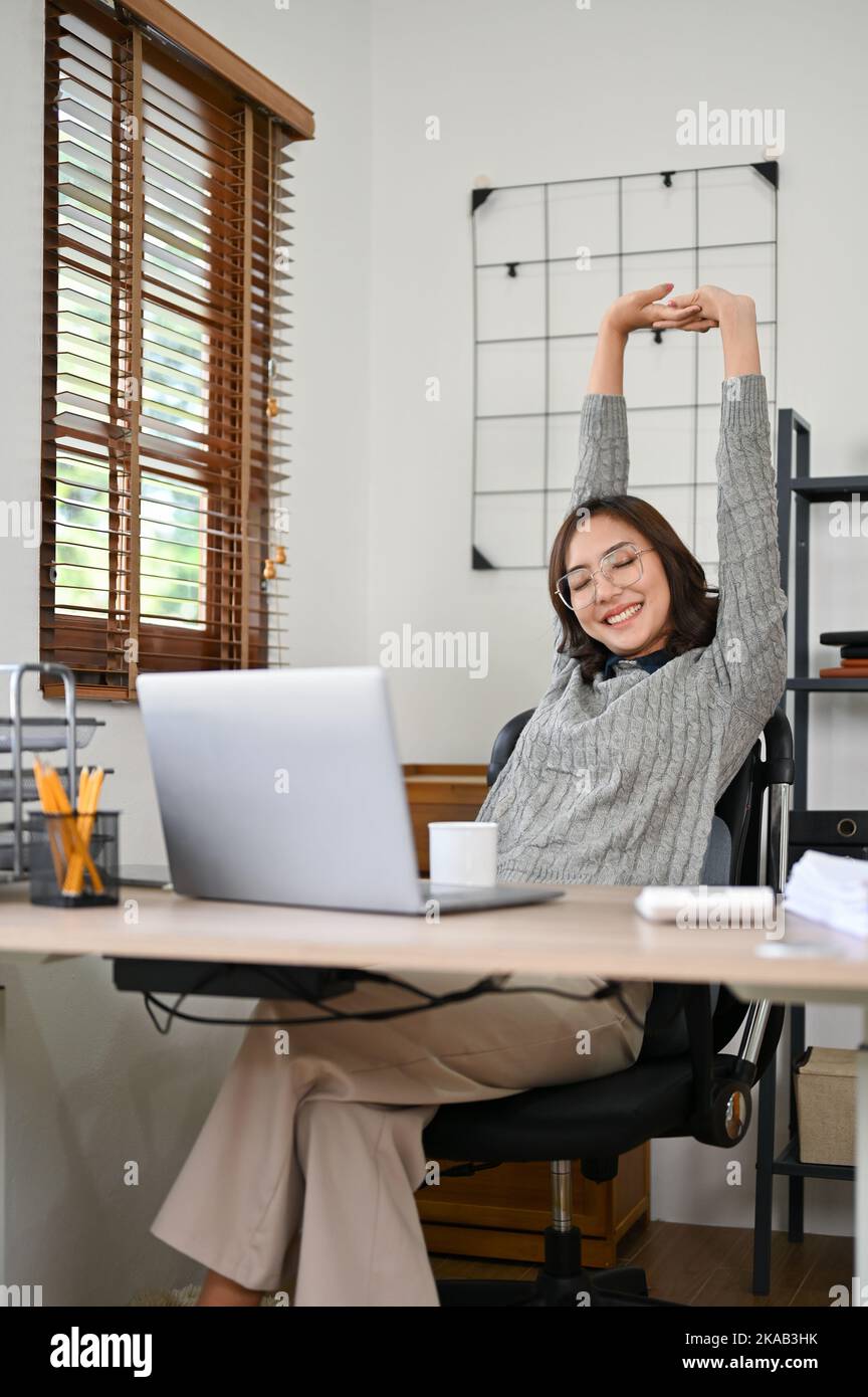 Portrait, Chilling and happy young Asian businesswoman or female office ...