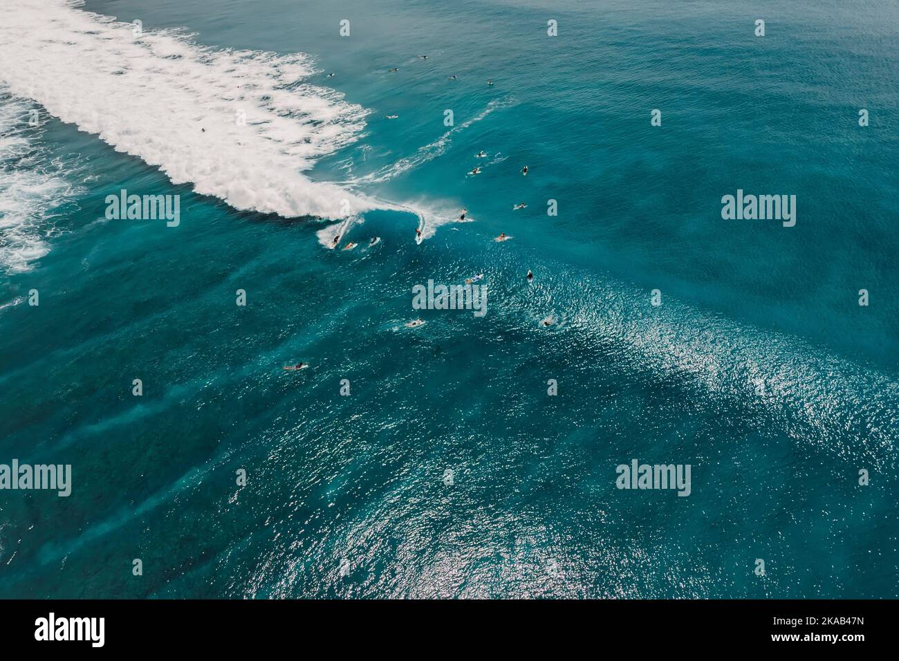 Aerial view with surfing on ideal wave. Perfect waves with surfers in ...