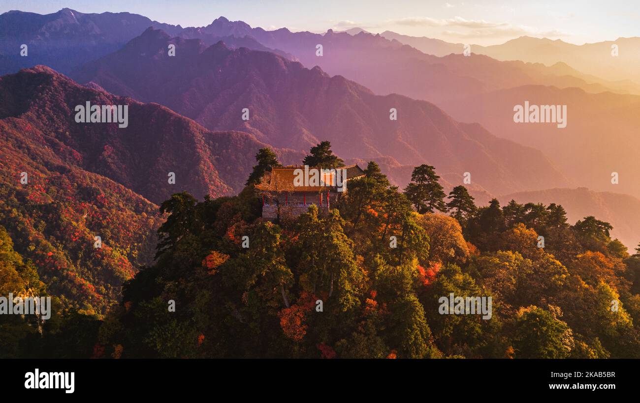 Aerial photos show the autumn scenery of Nan Wutai of the Zhongnan Mountains of the Qin ...