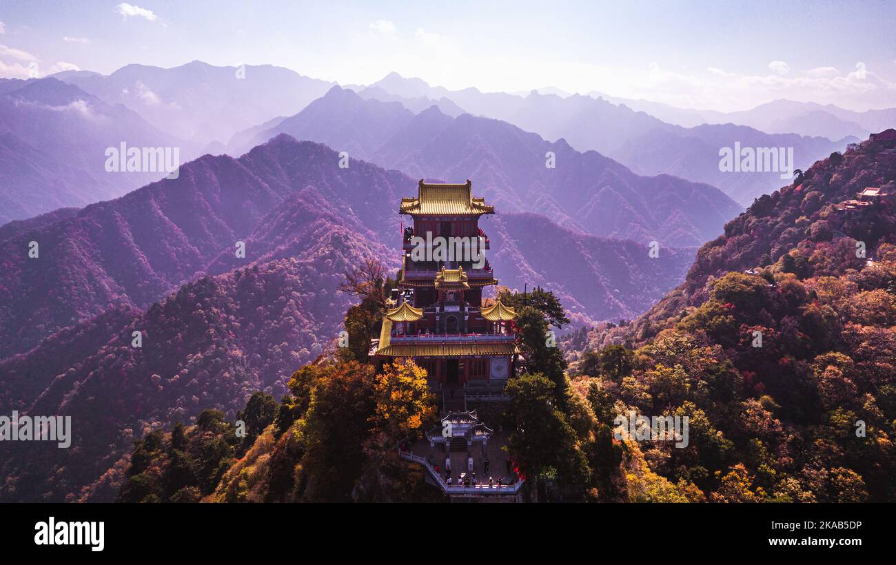 Aerial photos show the autumn scenery of Nan Wutai of the Zhongnan Mountains of the Qin ...