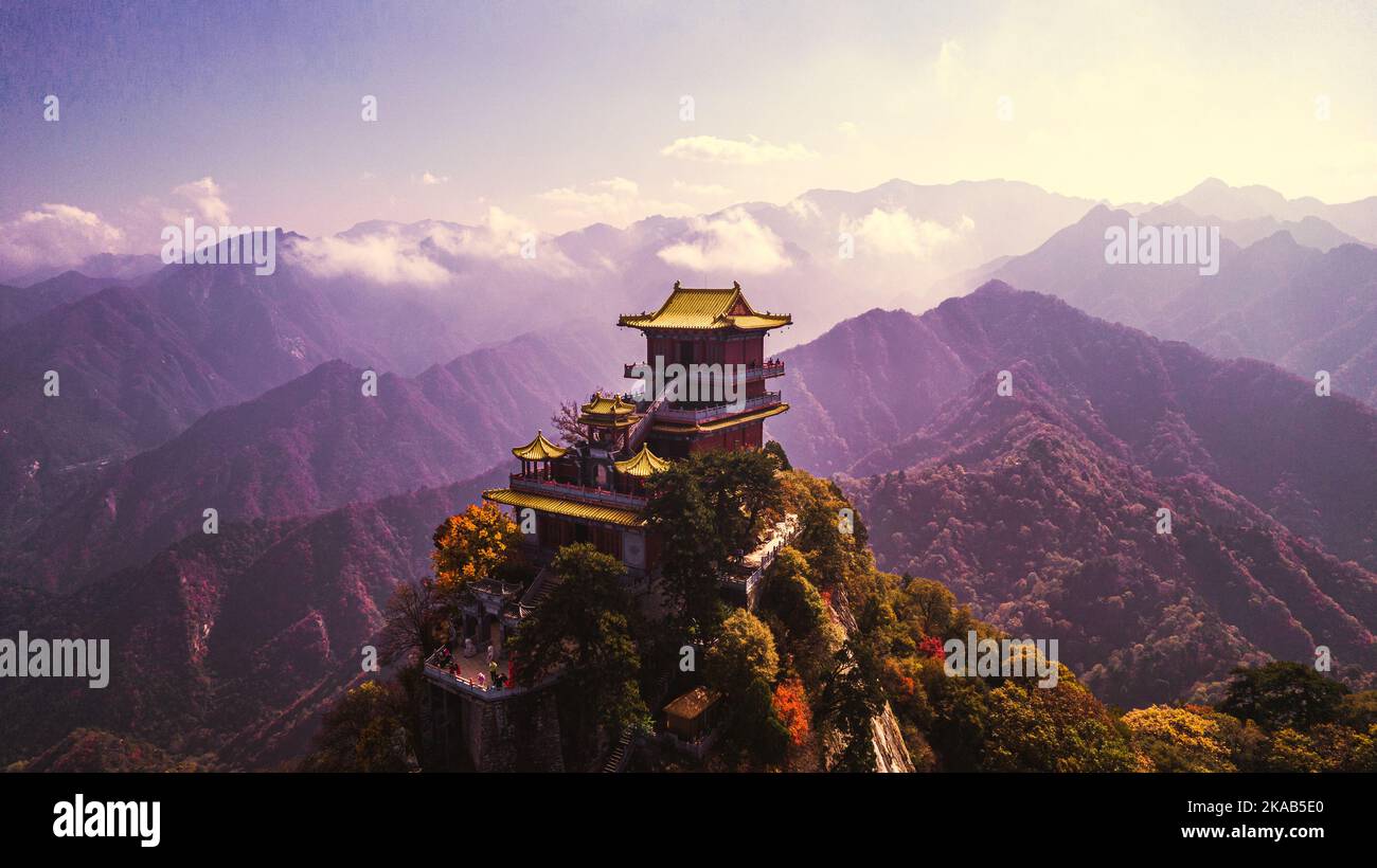 Aerial photos show the autumn scenery of Nan Wutai of the Zhongnan Mountains of the Qin ...