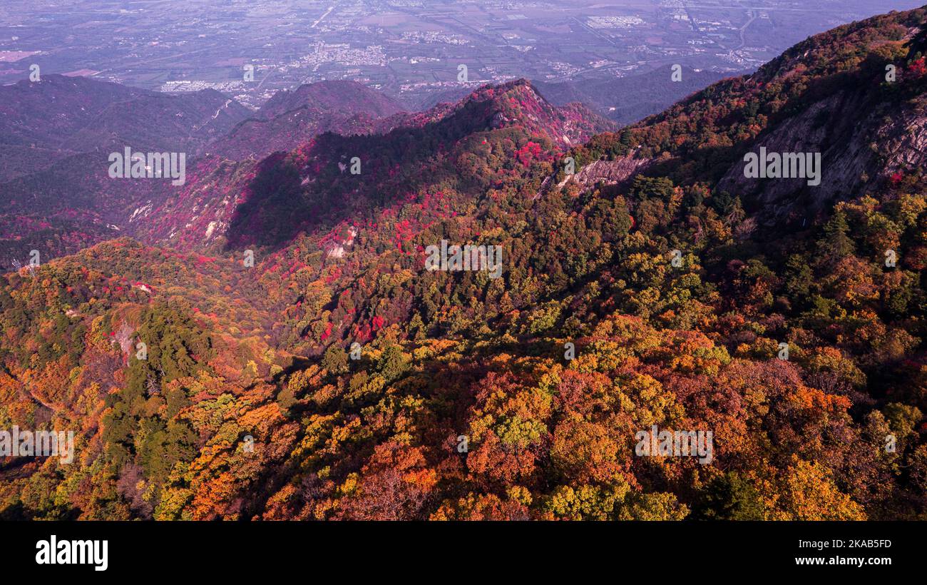 Aerial photos show the autumn scenery of Nan Wutai of the Zhongnan Mountains of the Qin ...