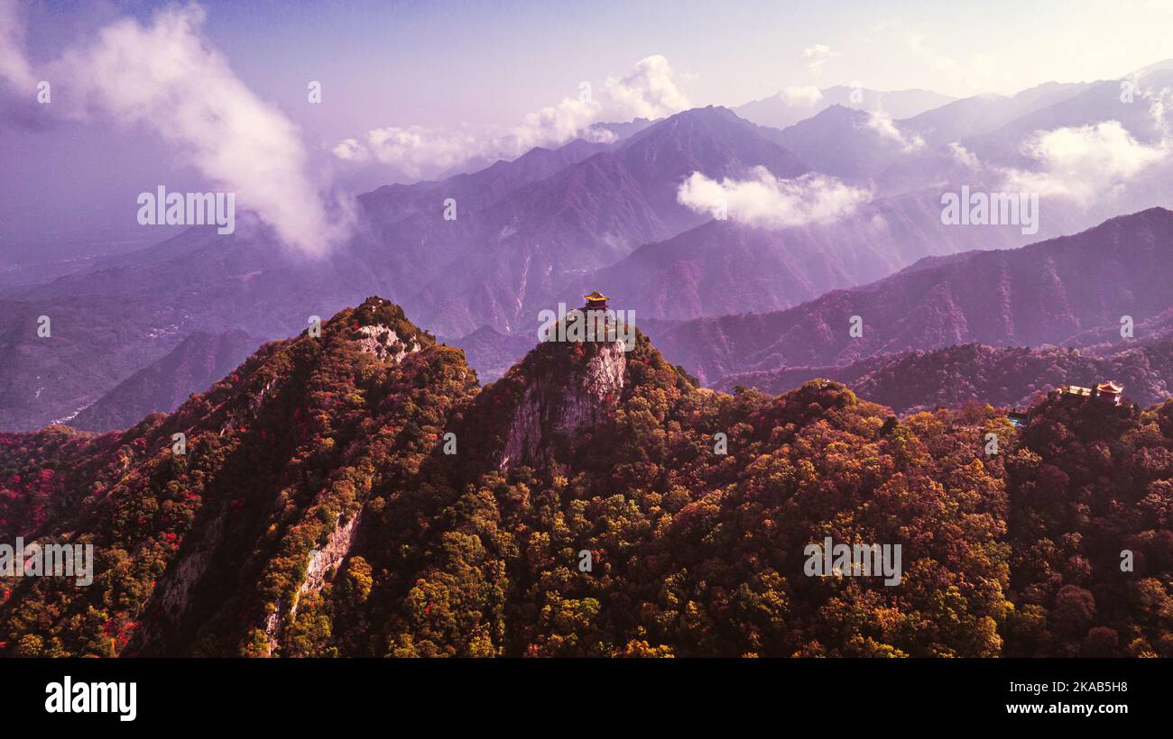 Aerial photos show the autumn scenery of Nan Wutai of the Zhongnan Mountains of the Qin ...
