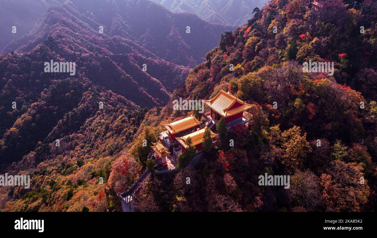 Aerial photos show the autumn scenery of Nan Wutai of the Zhongnan Mountains of the Qin ...