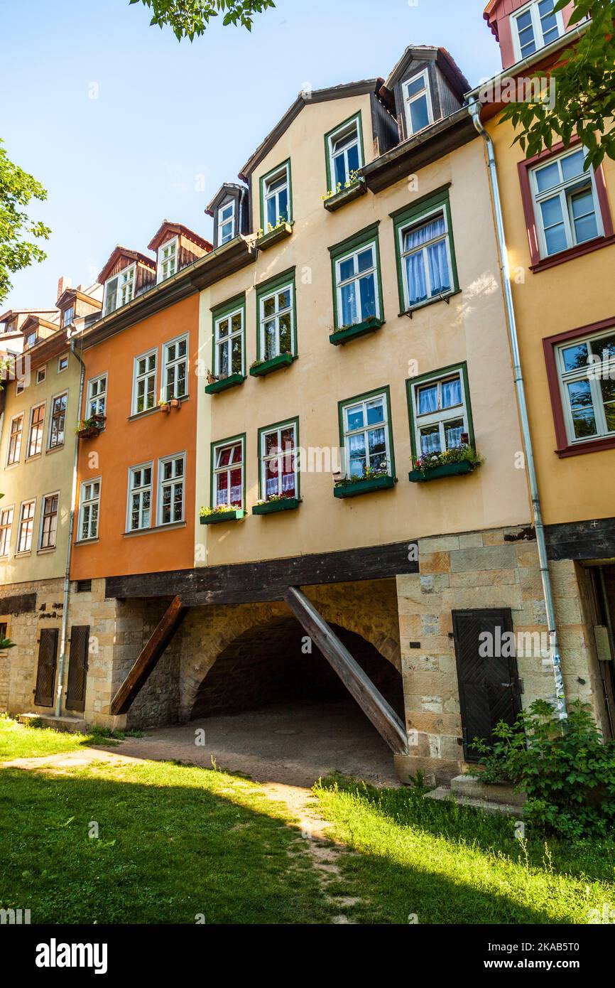 Houses on Kraemerbruecke - Merchants Bridge in Erfurt, Germany. Two ...