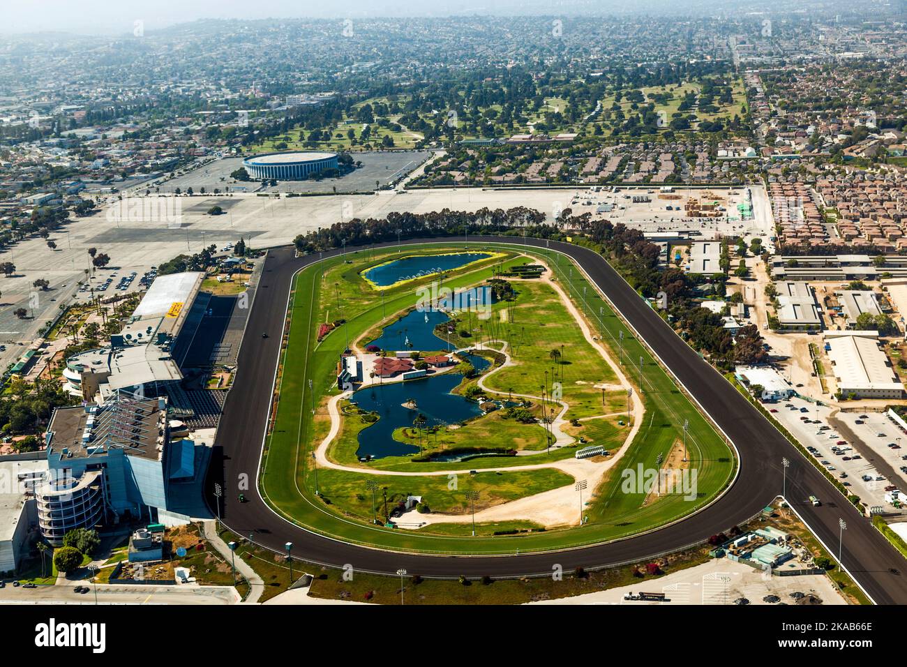 aerial of Los Angeles and the Hollywood Park with horse race track ...