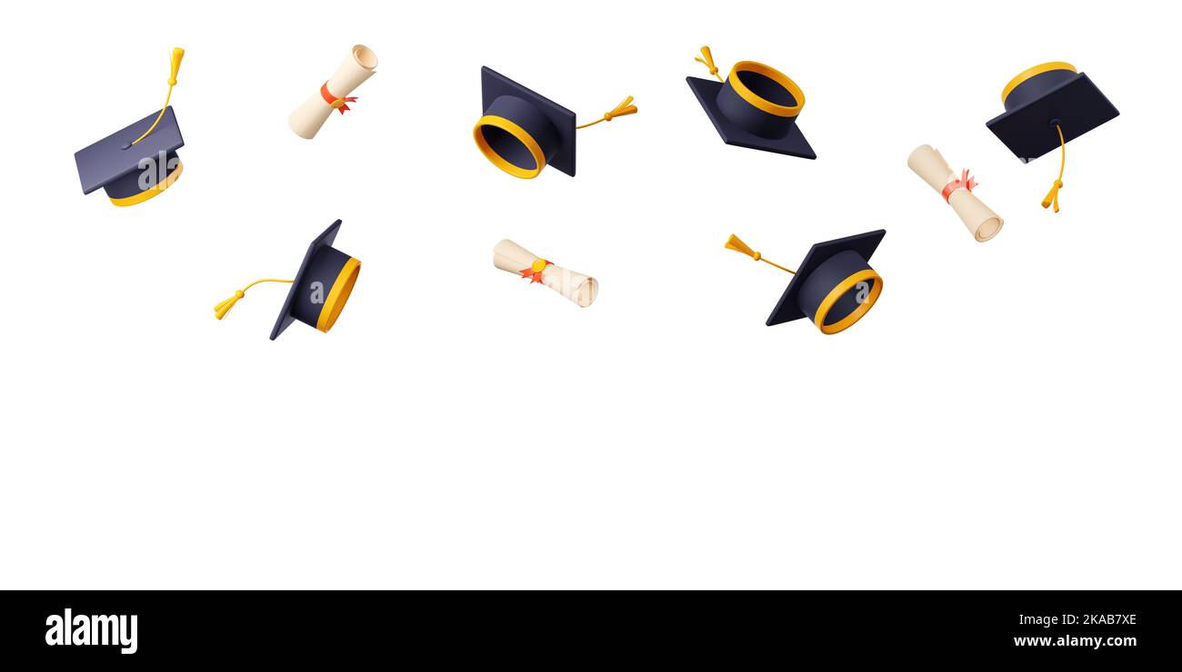 3D illustration of academic caps with golden tassels and diploma ...