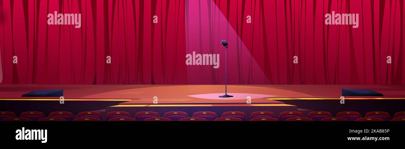 Stage with red curtains and microphone under spotlight beam. Podium for ...