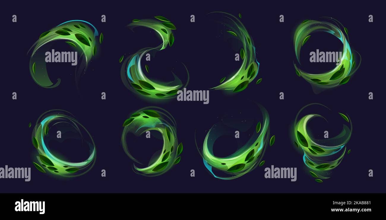 Fresh wind effect, green air swirls with leaves and sparkles. Tea ...