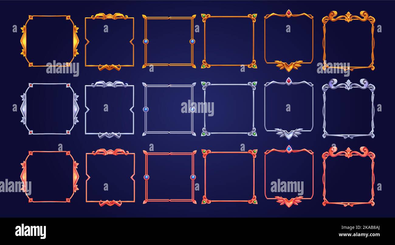 Set of square ui game frames, textured medieval borders of gold, silver or steel metal with gems ...