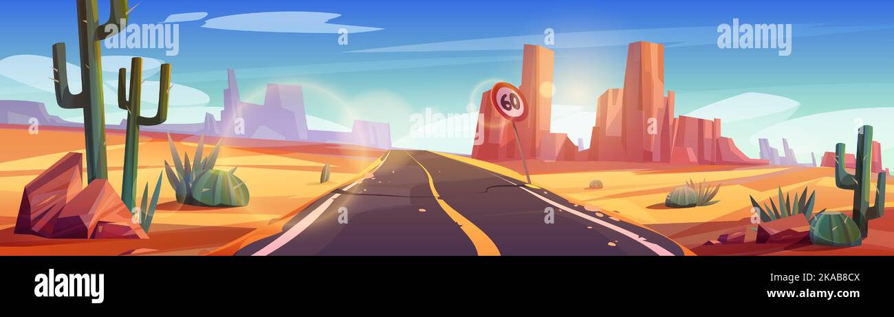 Broken road in desert landscape, straight empty highway with cracked ...