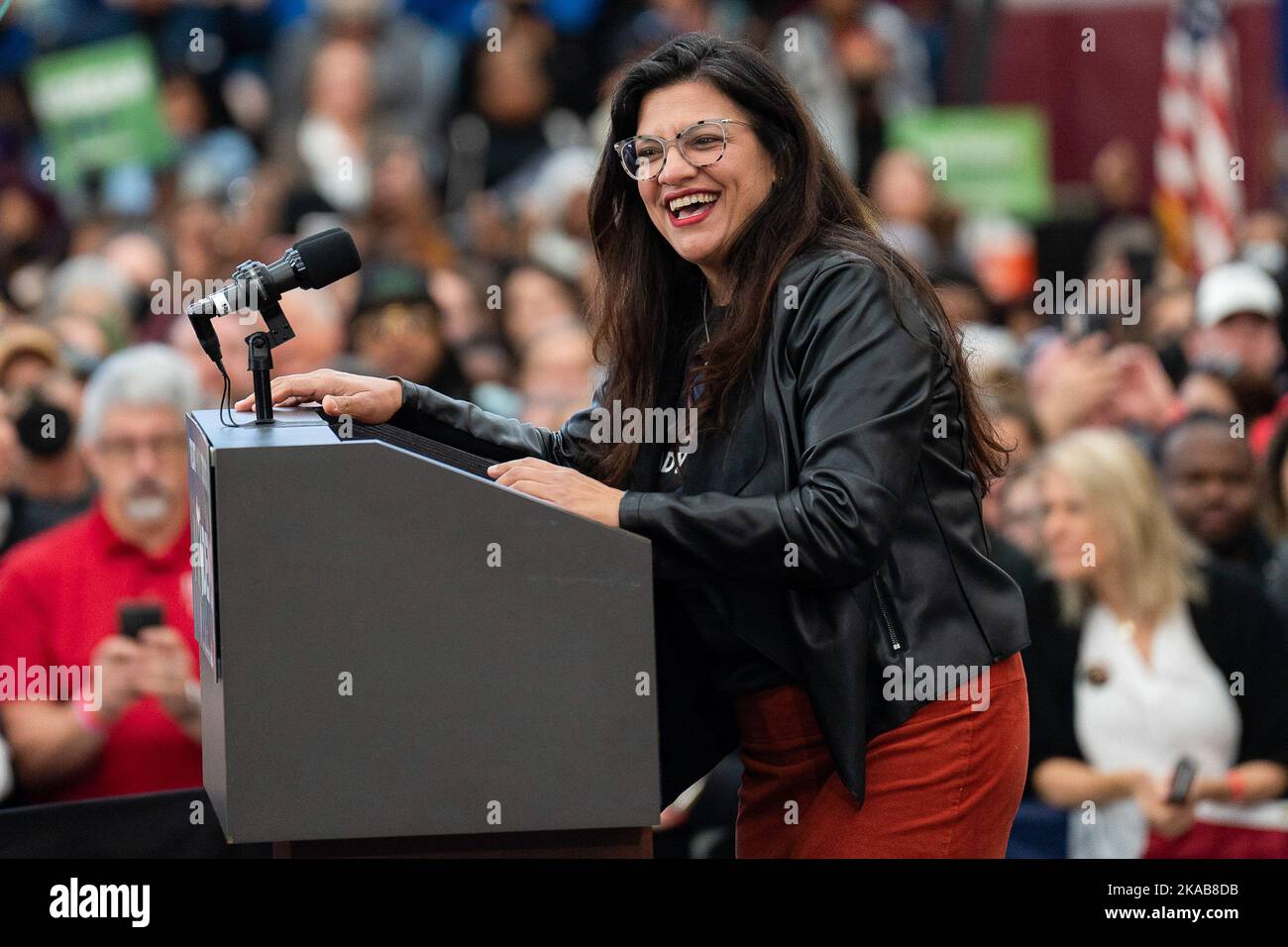 Congresswoman Rashida Tlaib speaks during the Get Out the Vote Rally in ...