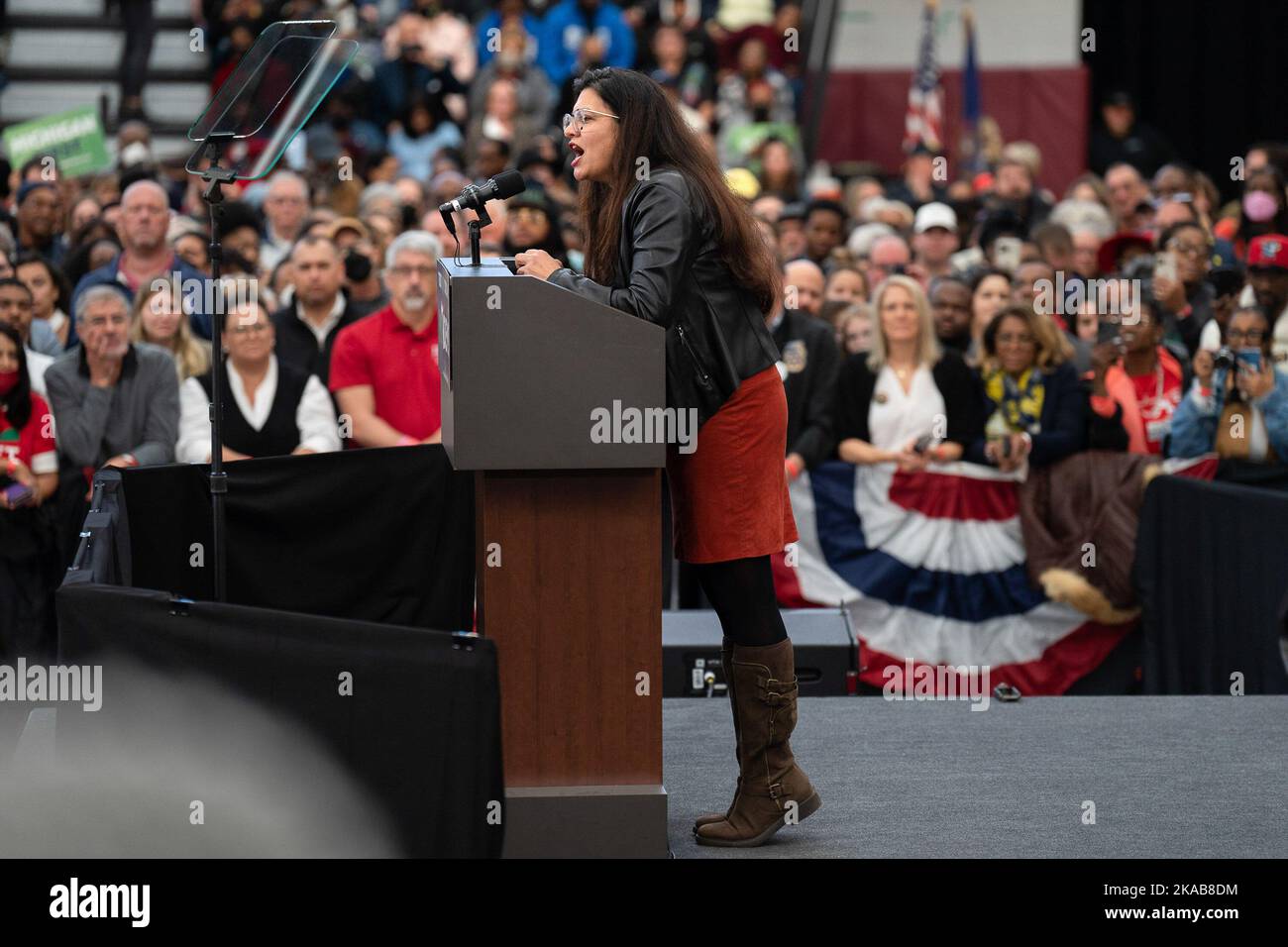 Congresswoman Rashida Tlaib speaks during the Get Out the Vote Rally in ...
