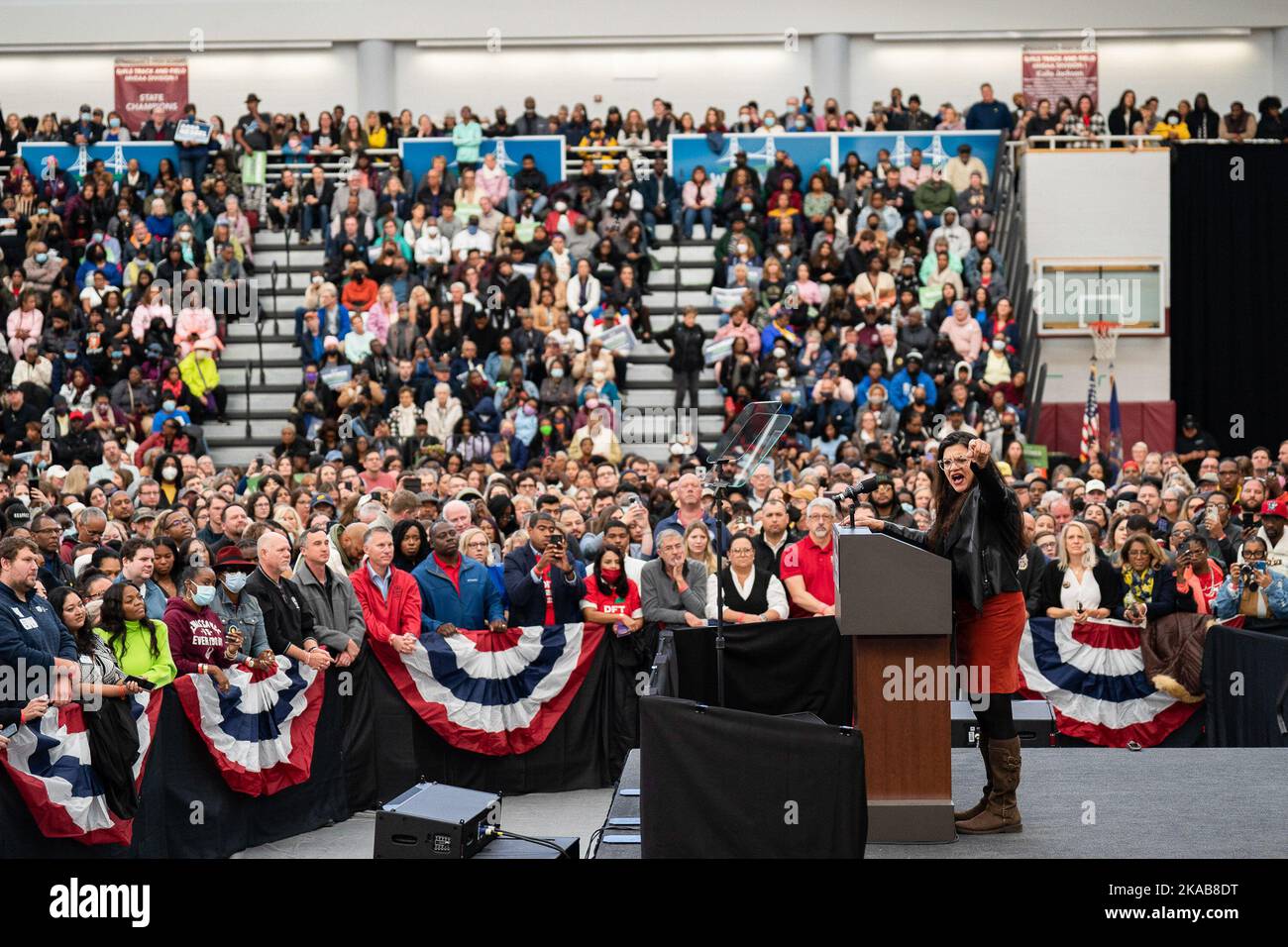 Congresswoman Rashida Tlaib speaks during the Get Out the Vote Rally in ...