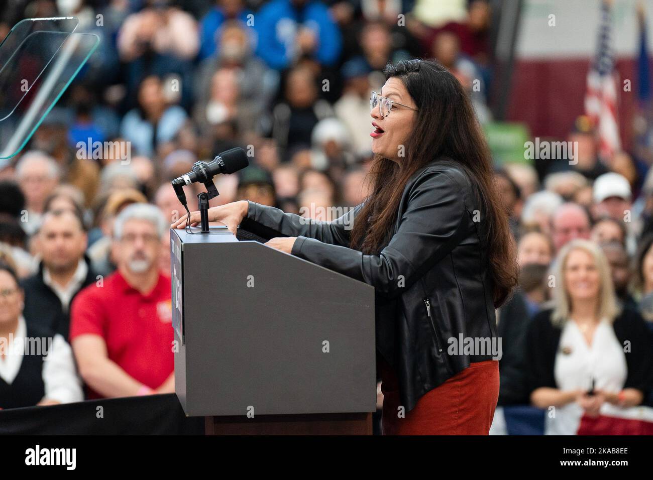 Congresswoman Rashida Tlaib speaks during the Get Out the Vote Rally in ...