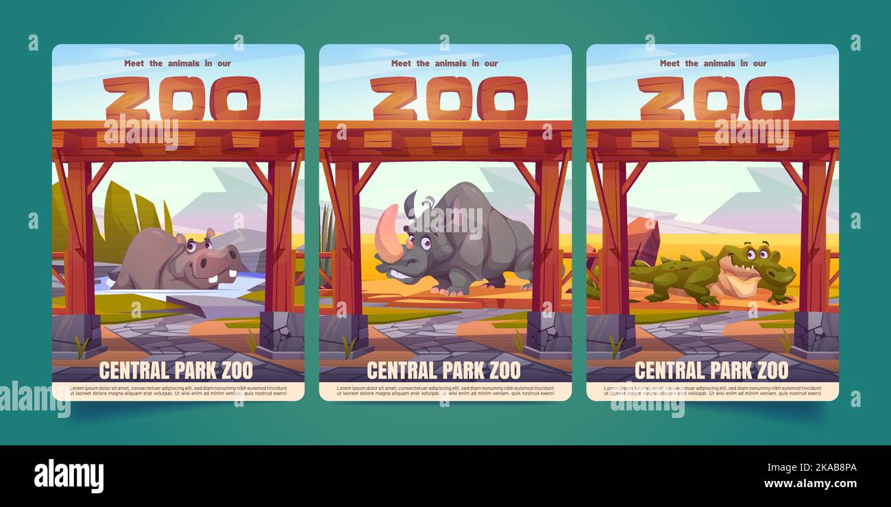Zoo posters with african animals and entrance with wooden arch ...
