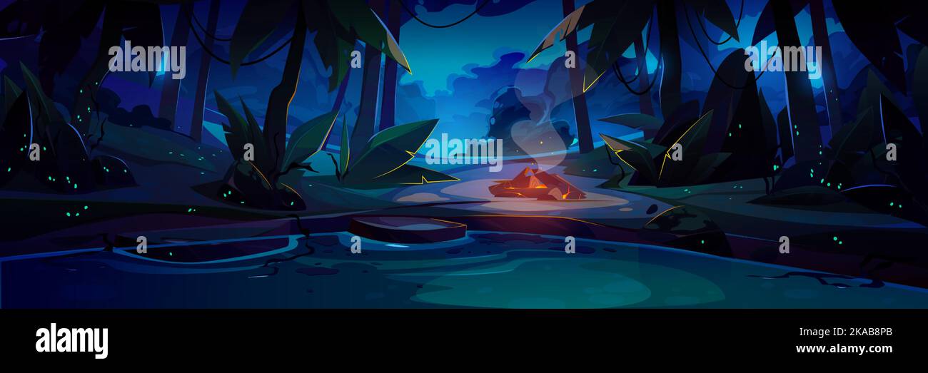 Campsite with bonfire in jungle at night. Dark rainforest landscape ...