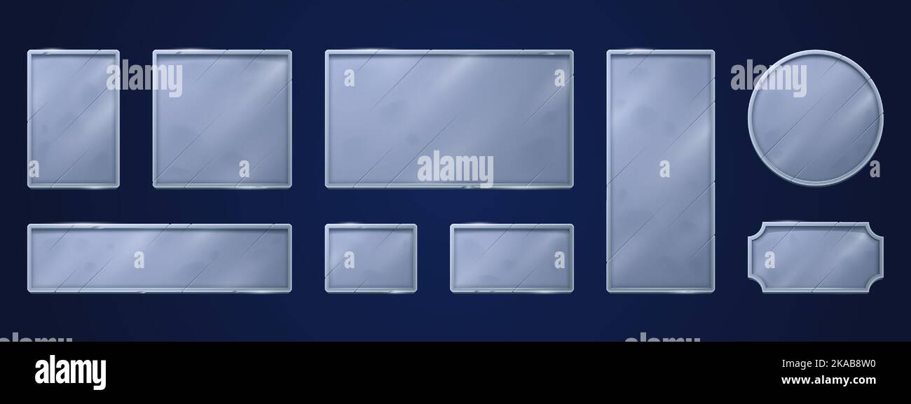 Steel game signs, name plates, empty silver plaques mockup. Metal shiny ...