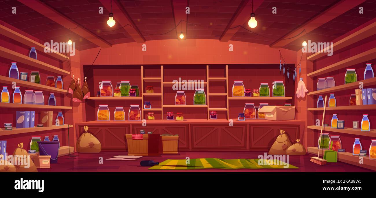 Pantry in house cellar, storage room with food preserves in glass jars ...