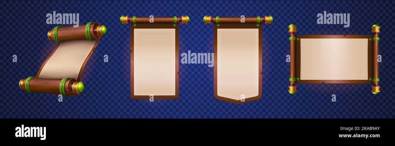 Ancient parchment scrolls in brown and gold frames. Medieval luxury ...