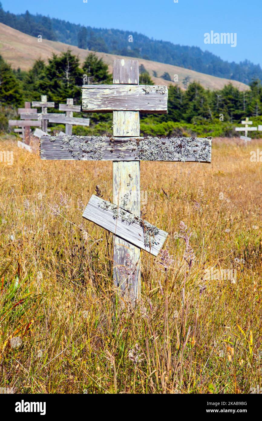 old wooden crosses at the historic orthodox cemetery of Fort Ross Stock ...