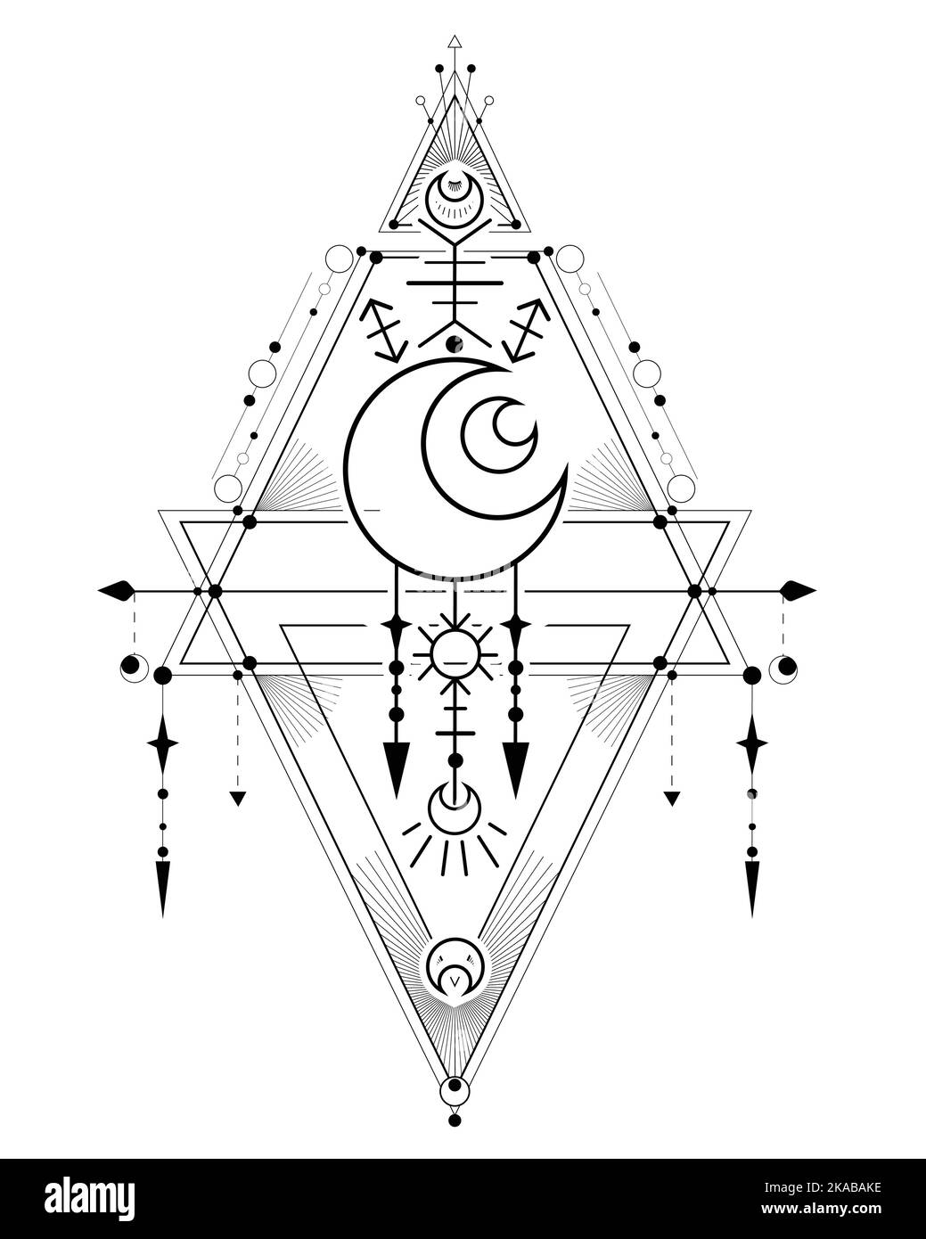 Vector card with black esoteric symbol with crescent, star, sun and ...