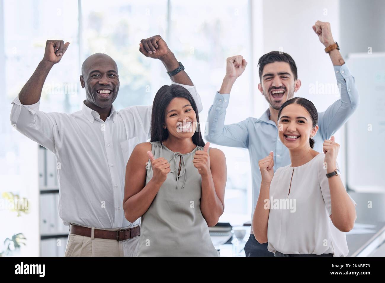 Excited business people, teamwork celebration and motivation, success and winning goals in ...