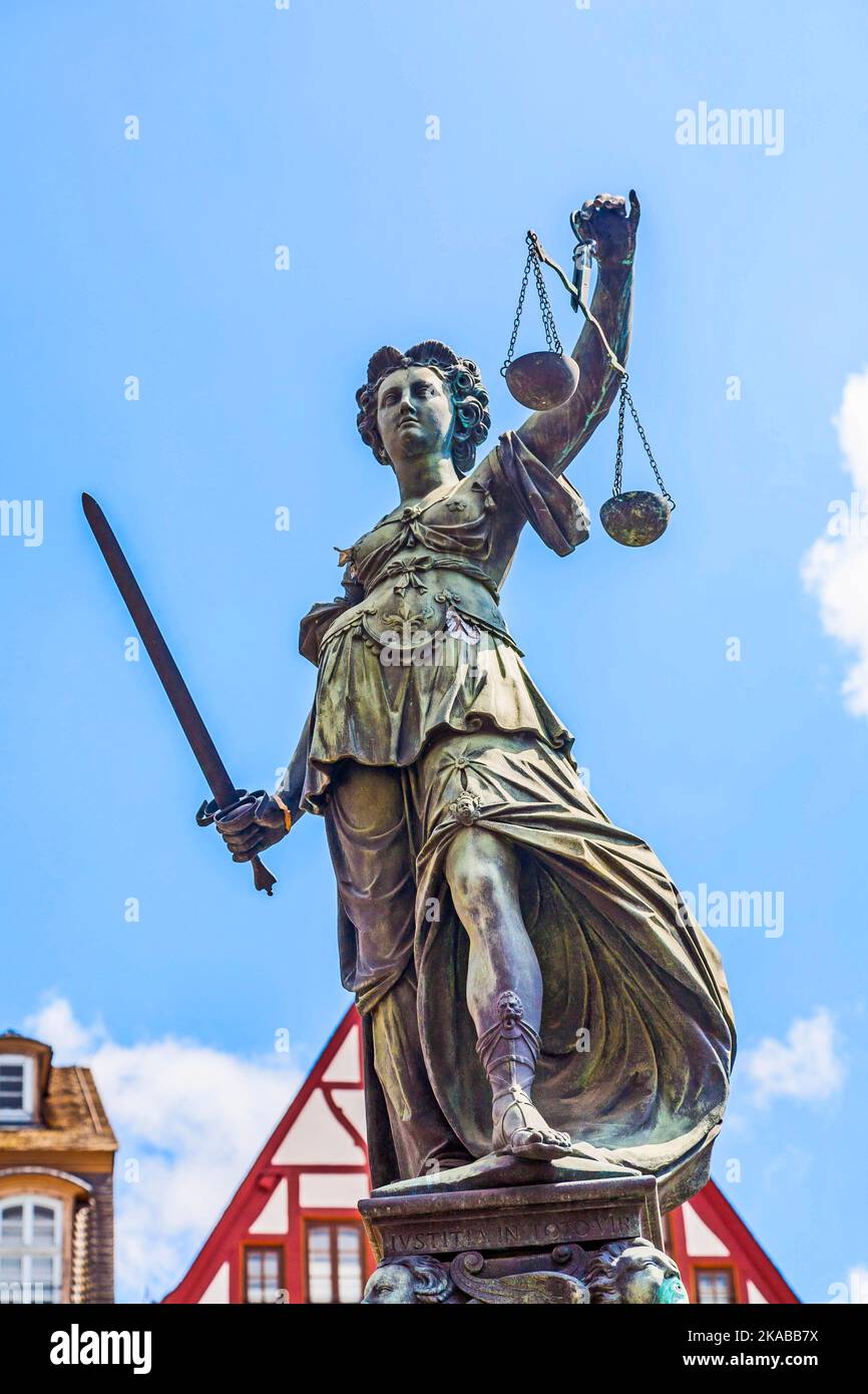 Statue of Lady Justice in front of the Romer in Frankfurt - Germany ...