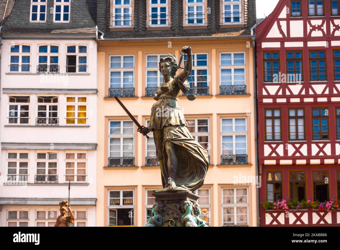 Statue of Lady Justice in front of the Romer in Frankfurt - Germany ...