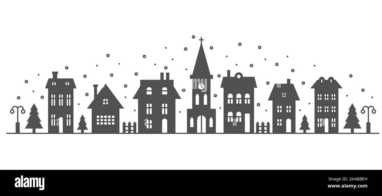 Suburban neighborhood winter landscape. Silhouette of houses and church ...