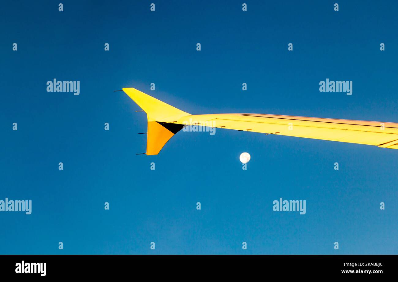 Aircraft wing some component of plane on during flying high above sky ...