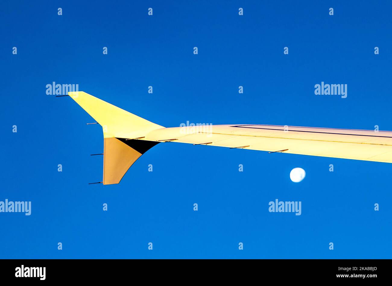 Aircraft wing some component of plane on during flying high above sky ...