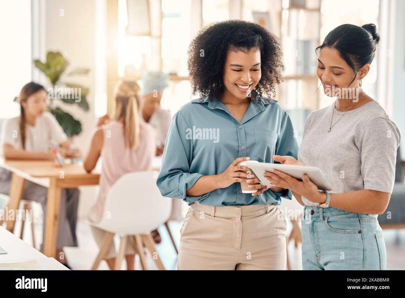 Business people, women and tablet teamwork, office planning and staff ...