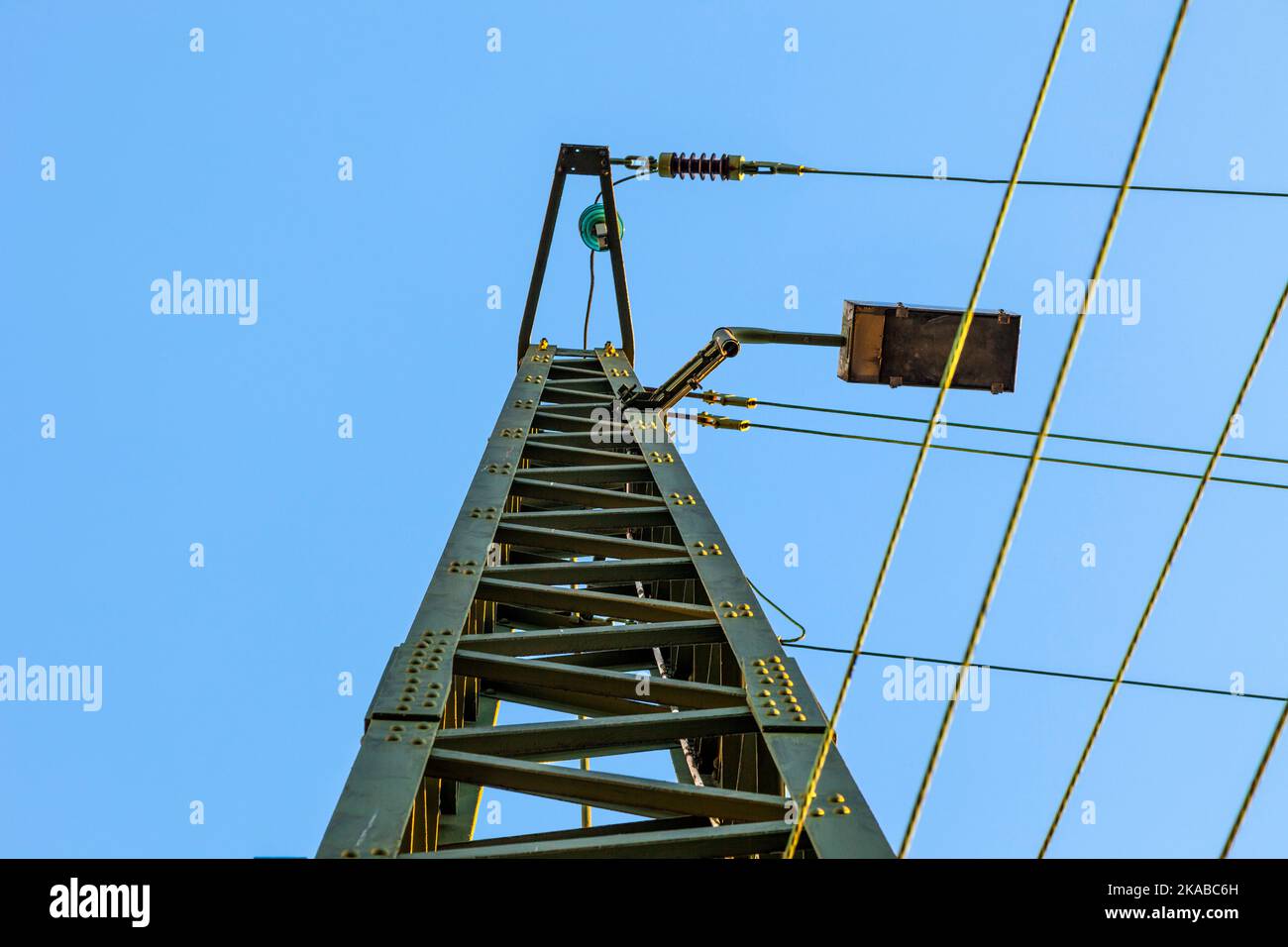 Railroad overhead lines against clear blue sky, Contact wire Stock ...