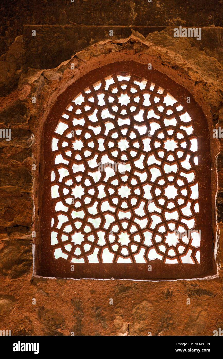 beautiful carved sandstone window in a mosque at Hayumans tomb in Delhi ...