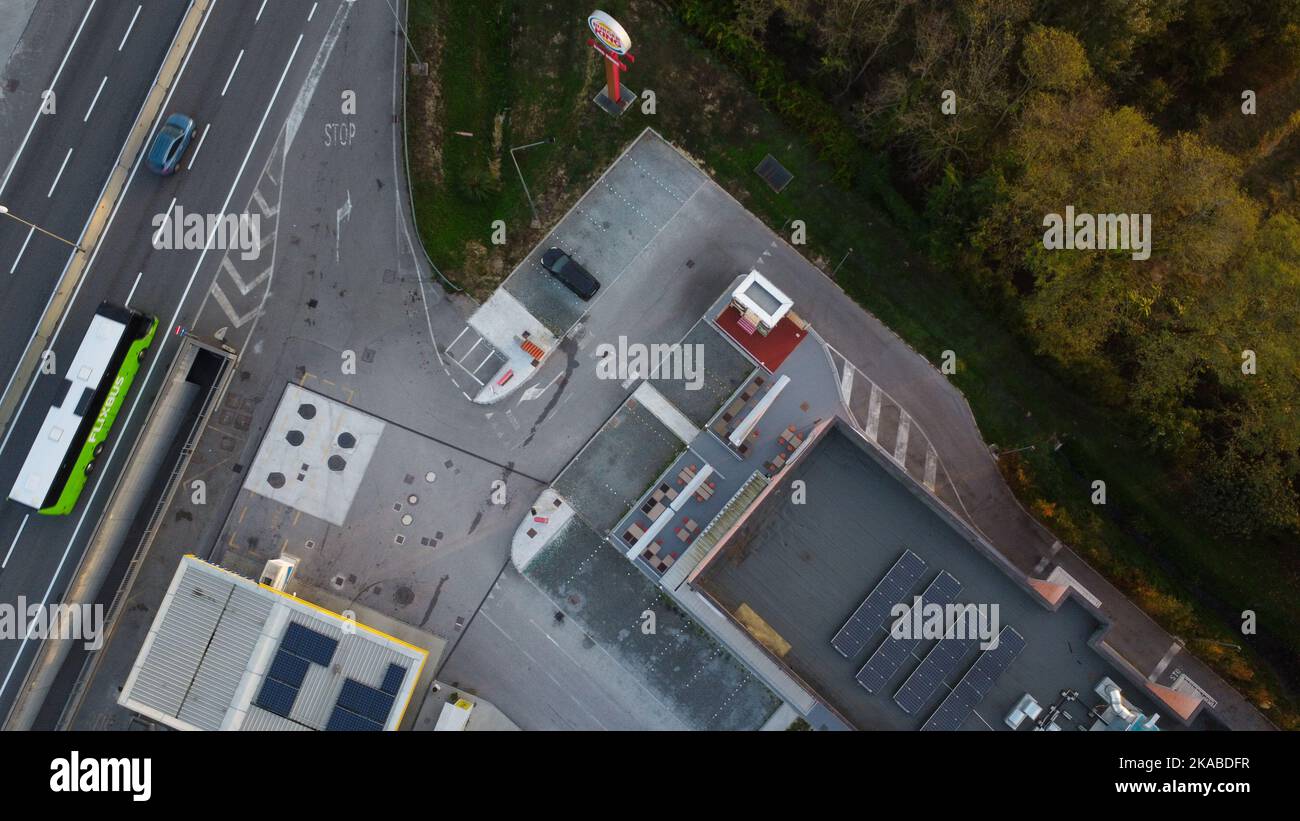 aerial view of a burger king restaurant tall roadside tall signage ...