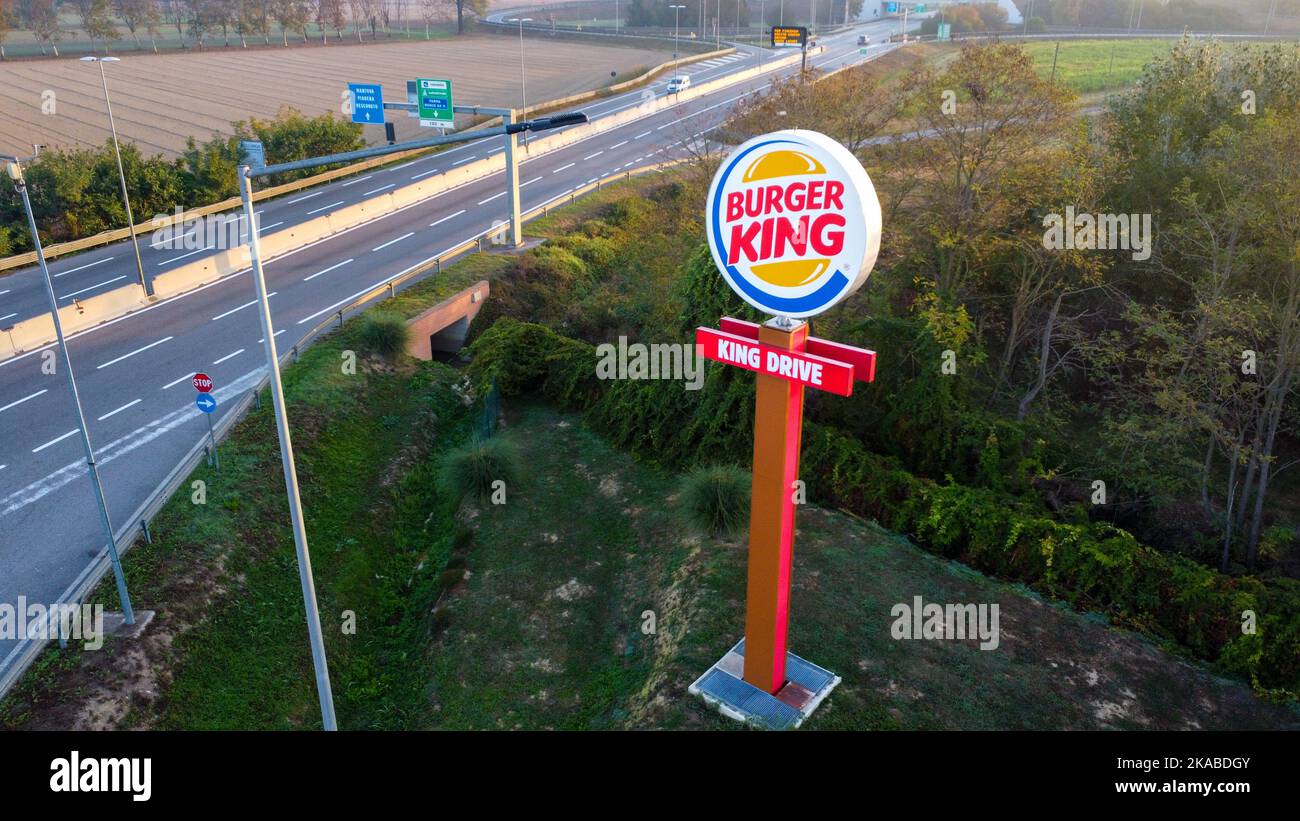 aerial view of a burger king restaurant tall roadside tall signage ...