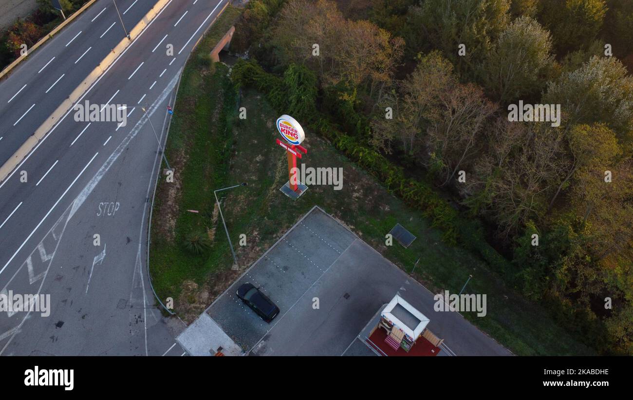 aerial view of a burger king restaurant tall roadside tall signage ...