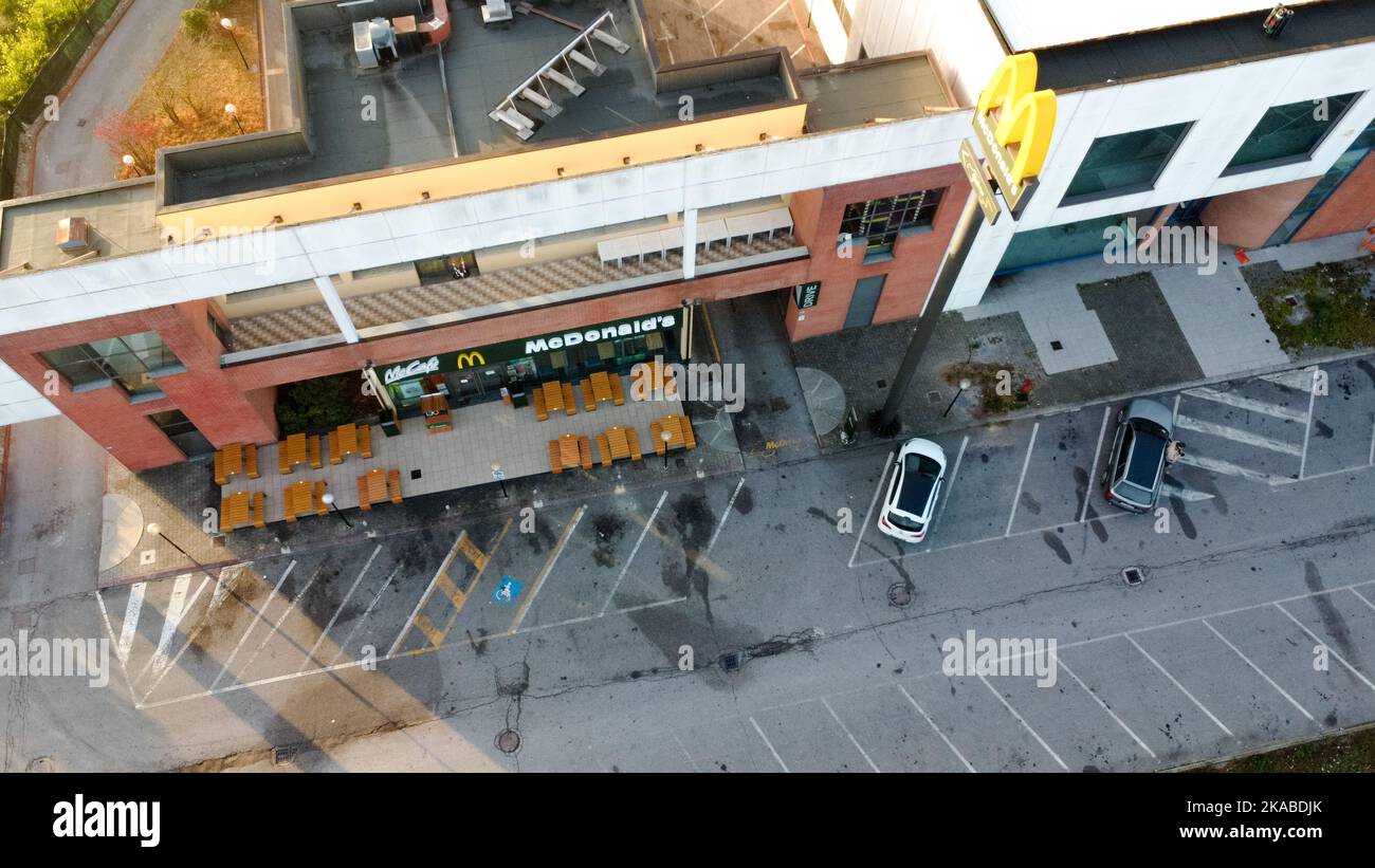 aerial view of a burger king restaurant tall roadside tall signage ...