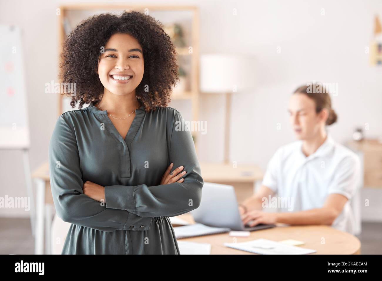 Business woman, leader and boss with a smile, pride and happiness in ...