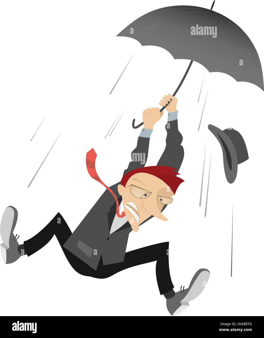 Strong wind, rain and man with umbrella illustration. Whirlwind, rain ...