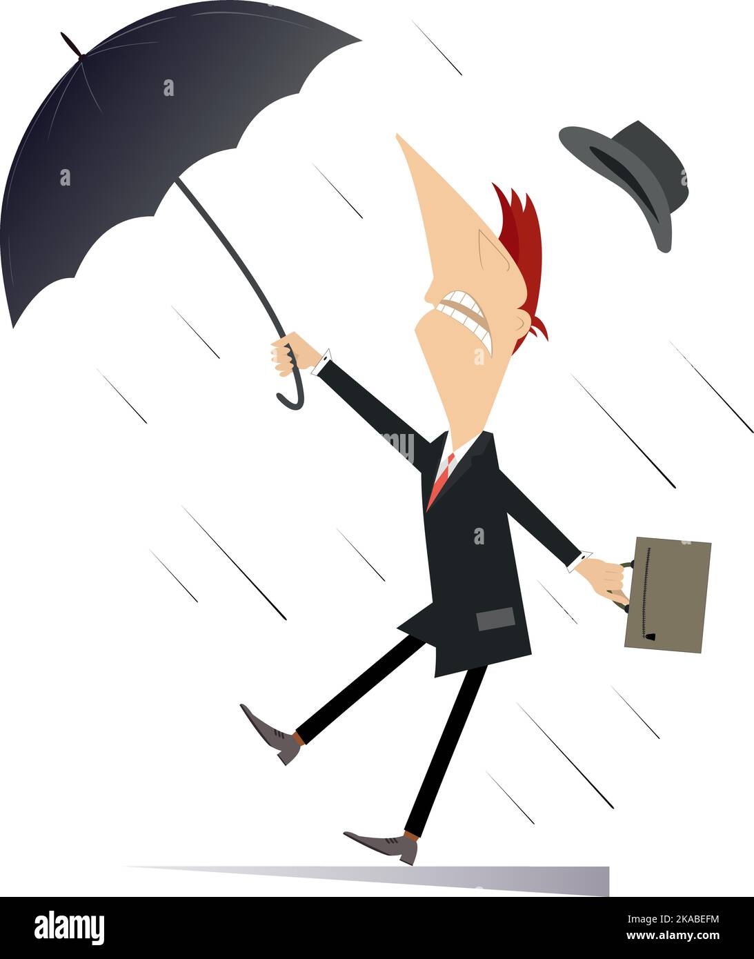 Strong wind, rain and man with umbrella illustration. Whirlwind, rain ...