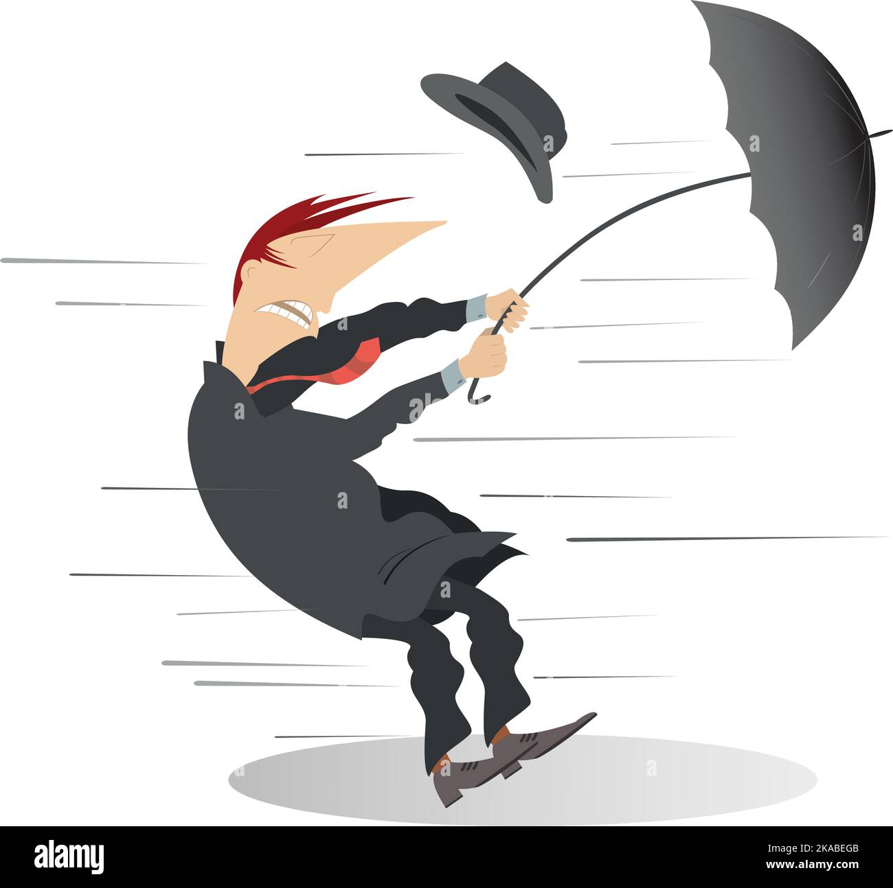 Strong wind, rain and man with umbrella illustration. Whirlwind, rain ...