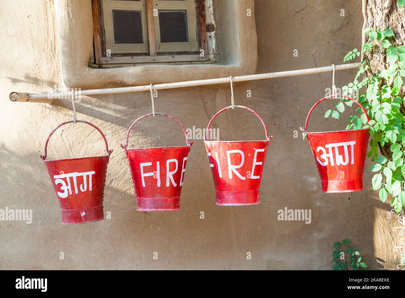 red fire buckets filled with sand to protect in case of fire Stock ...