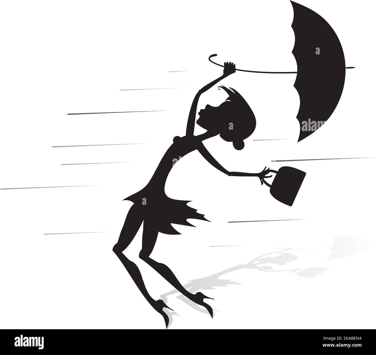 Windy day and woman with umbrella silhouette illustrationю Young woman tries to hold an umbrella ...