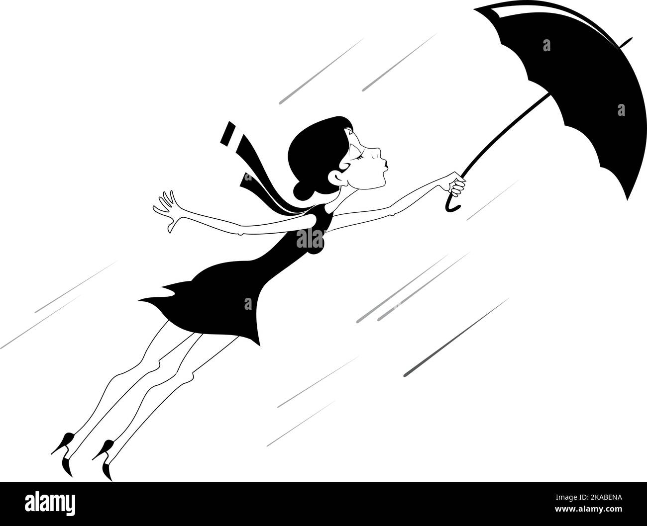 Windy day and woman with umbrella . Young woman tries to hold an ...