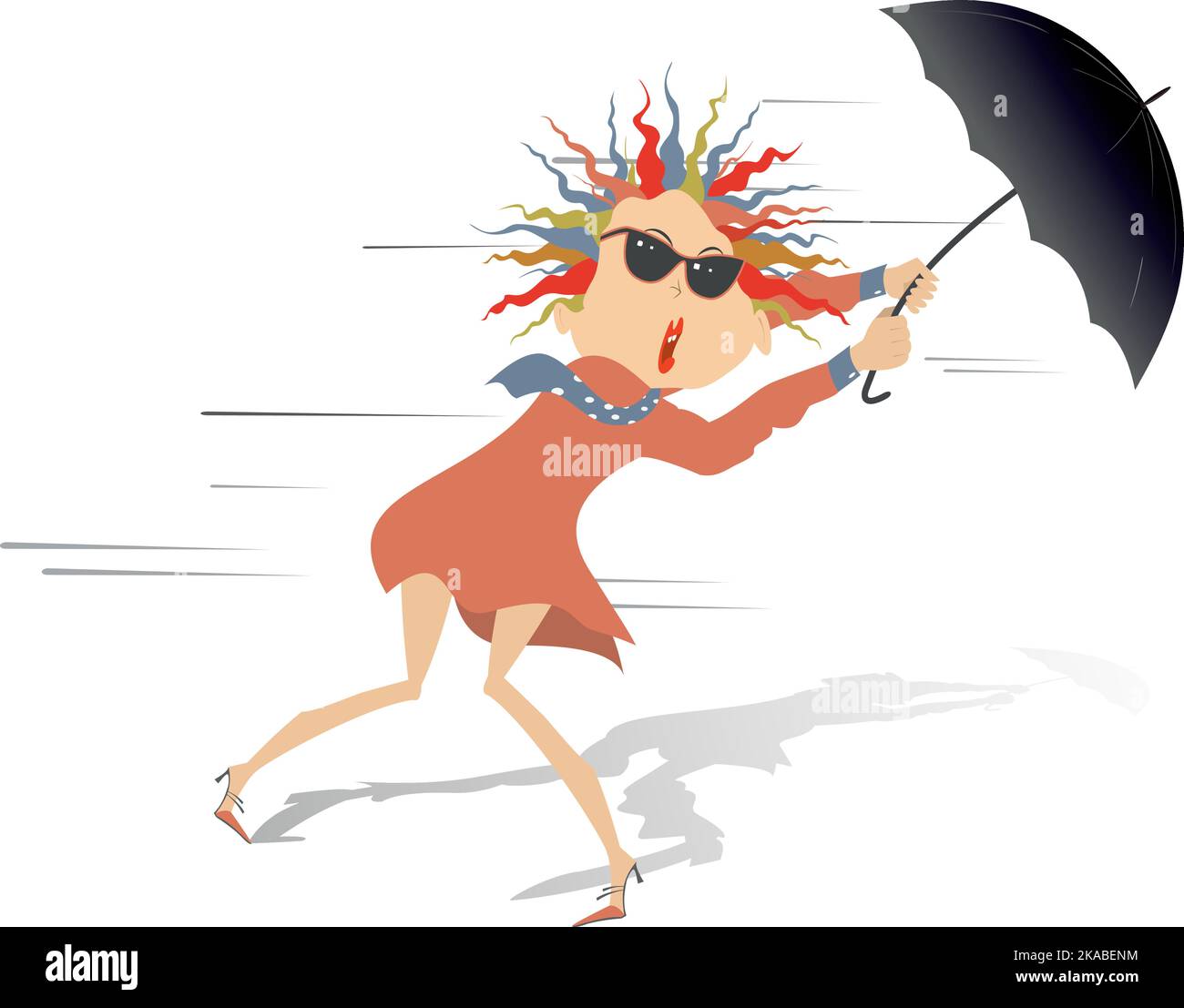 Strong wind and woman with umbrella illustration. Pretty young woman in ...
