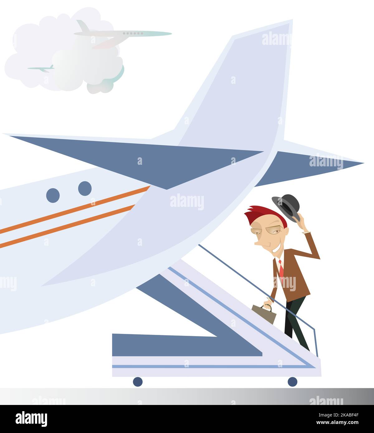 In the airport. Smiling man taking a plane waves by his hat Stock ...