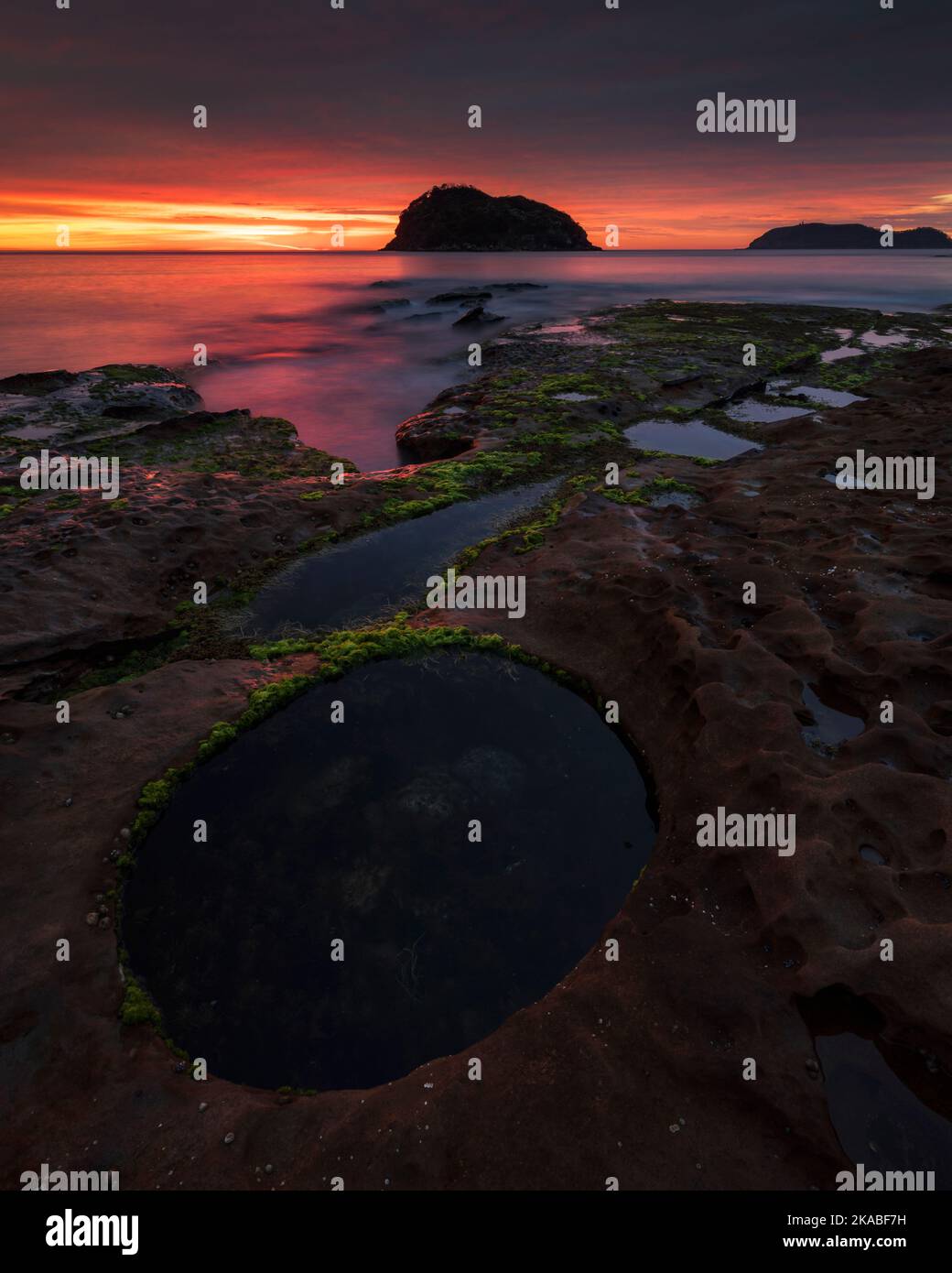 rock pools and lion island at very colourful sunrise on NSW Central ...